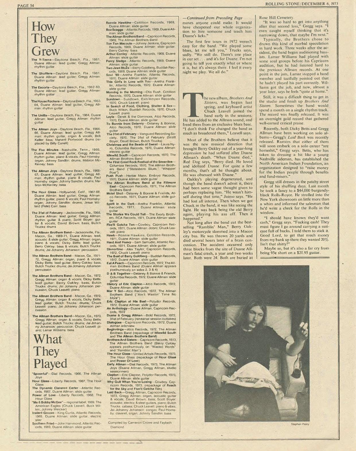 Cameron Crowe “The Allman Bros. Story,” Rolling Stone, December 6, 1973