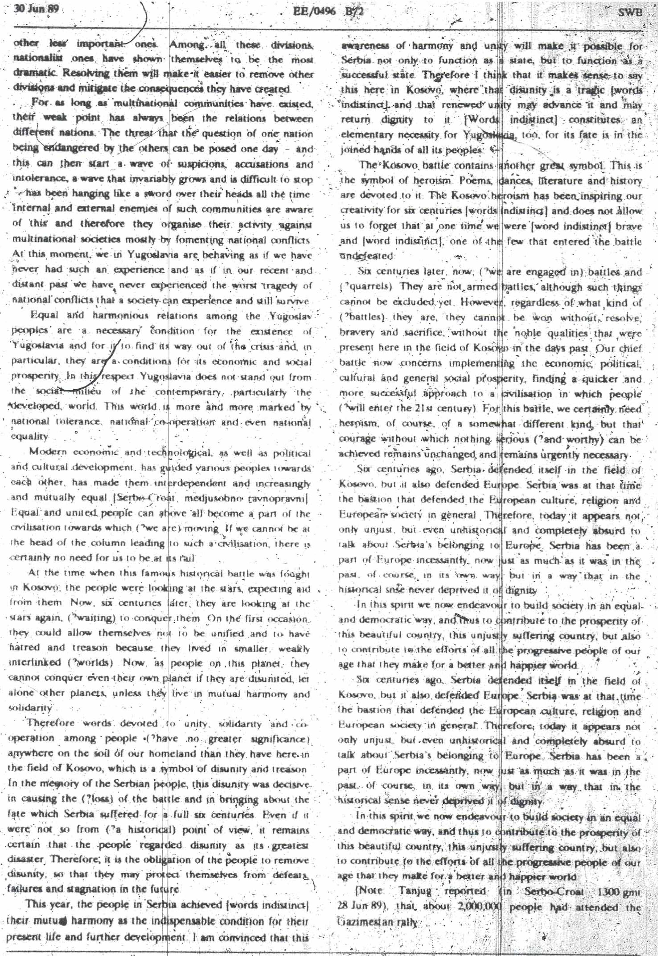 The BBC's translation of Milosevic's 1989 Kosovo Polje speech