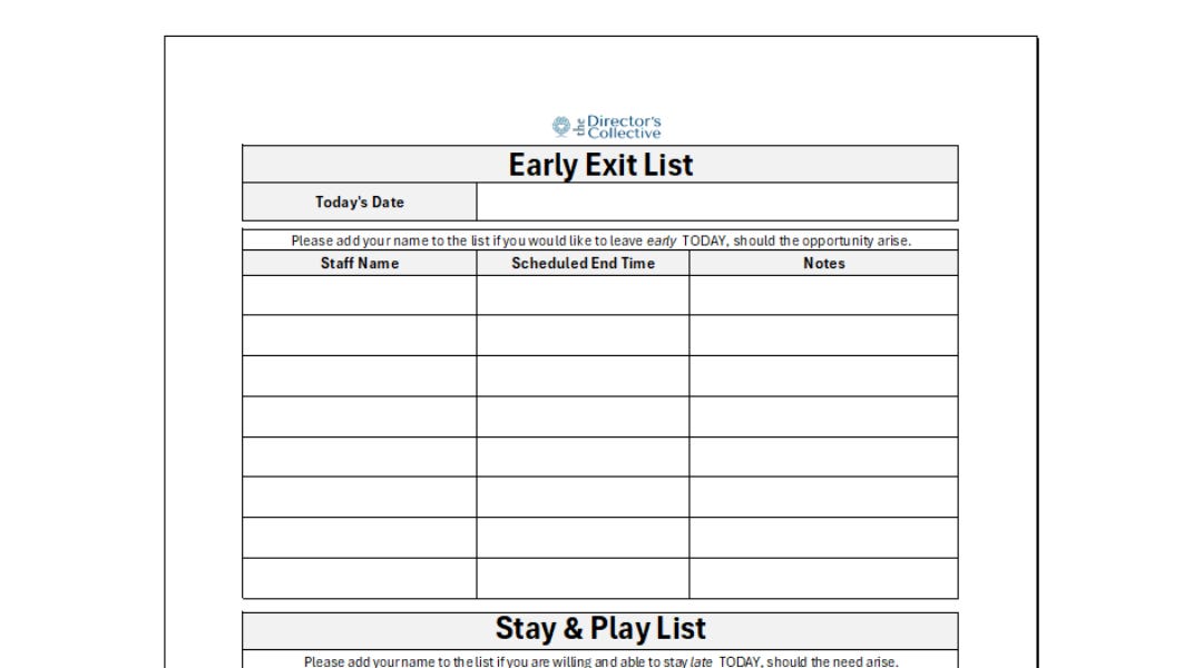 The Early Exit + Stay & Play Staff Sign-up