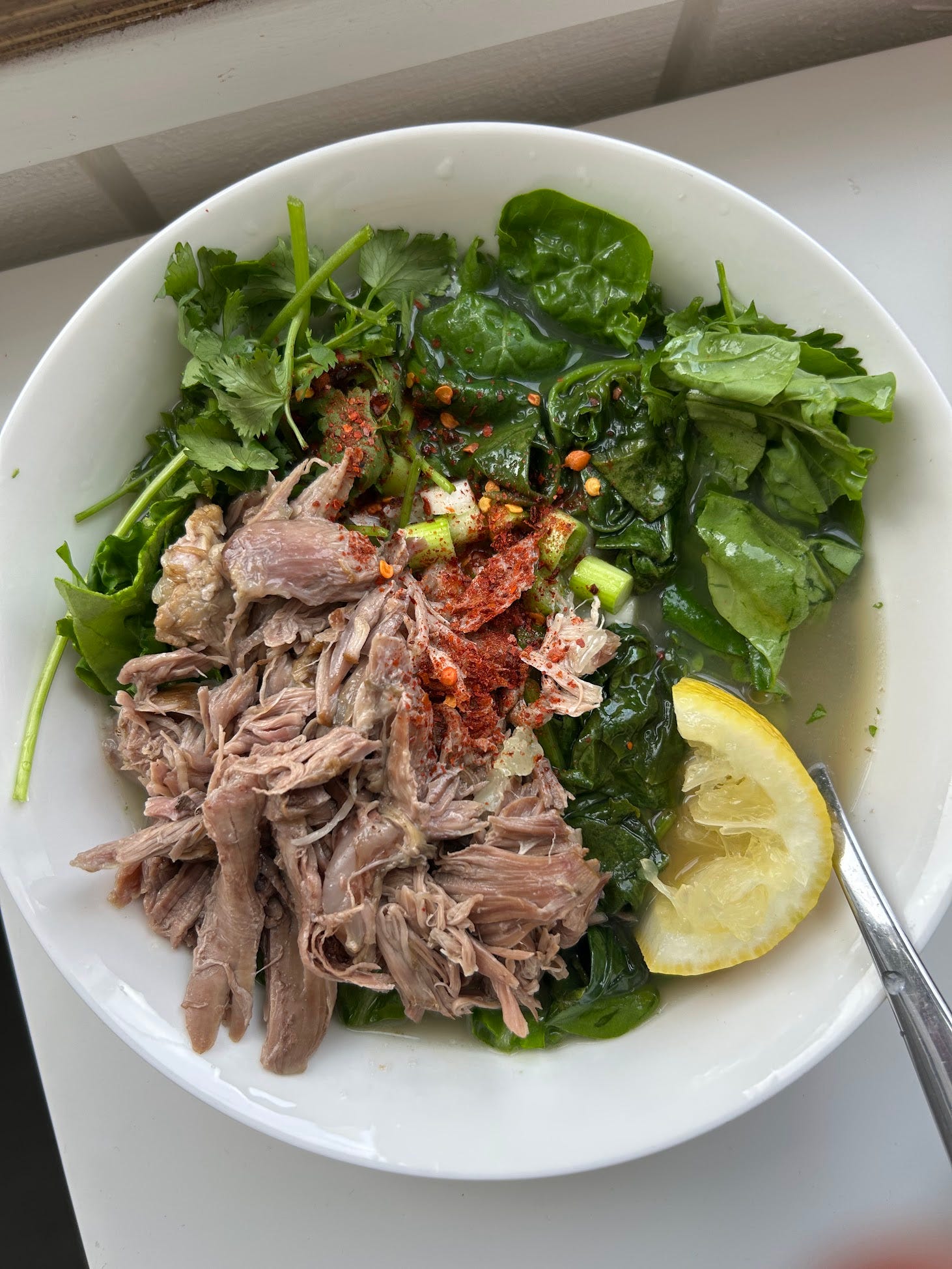 Recipe: Lamb broth + tender lamb w/ broth, bitter greens, chilli, and lemon