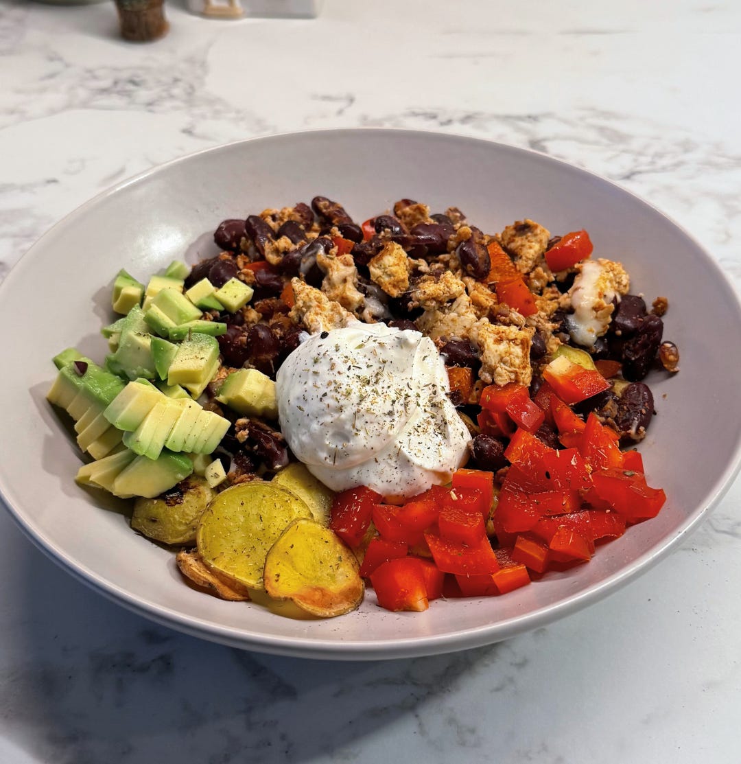 Healthy Veggie Nacho Bowl with Homemade Potato Chips & Tofu Scramble