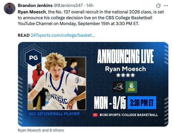 Ryan Moesch set to announce his decision on Monday and it will be Siena ...