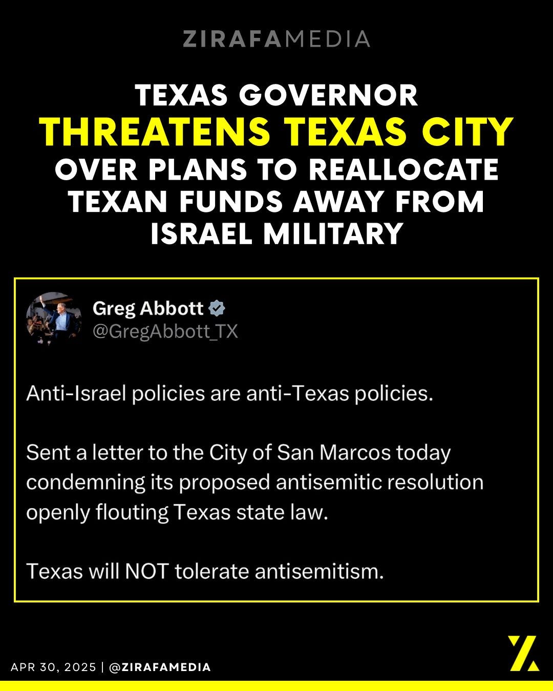 Texas Governor Threatens Texas City Over Israel