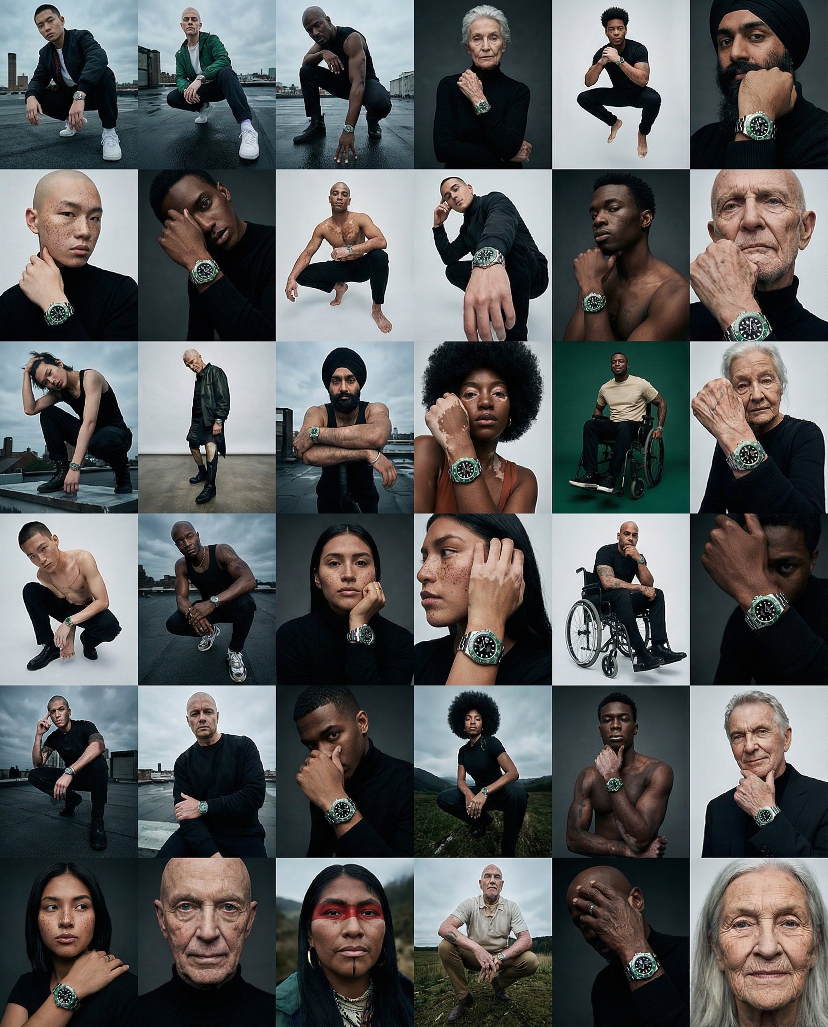 Create a 6x6 grid (36 UNIQUE models) showcasing your product with ONE ...