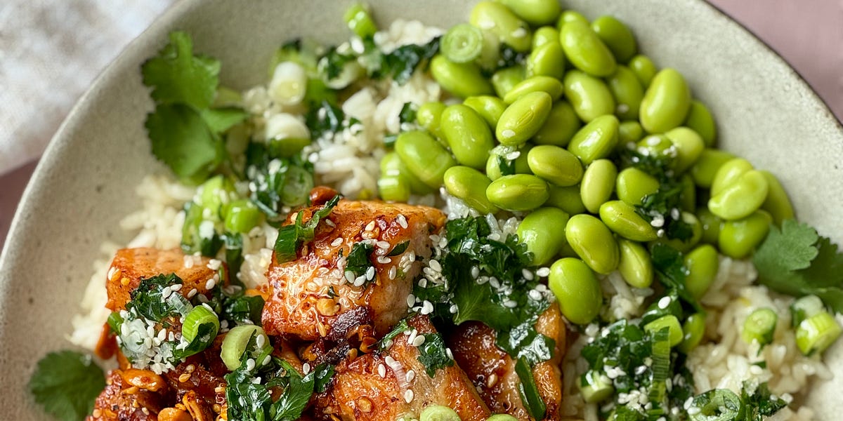 One Pot Ginger and Spring Onion Rice with Hot Honey Salmon Bites