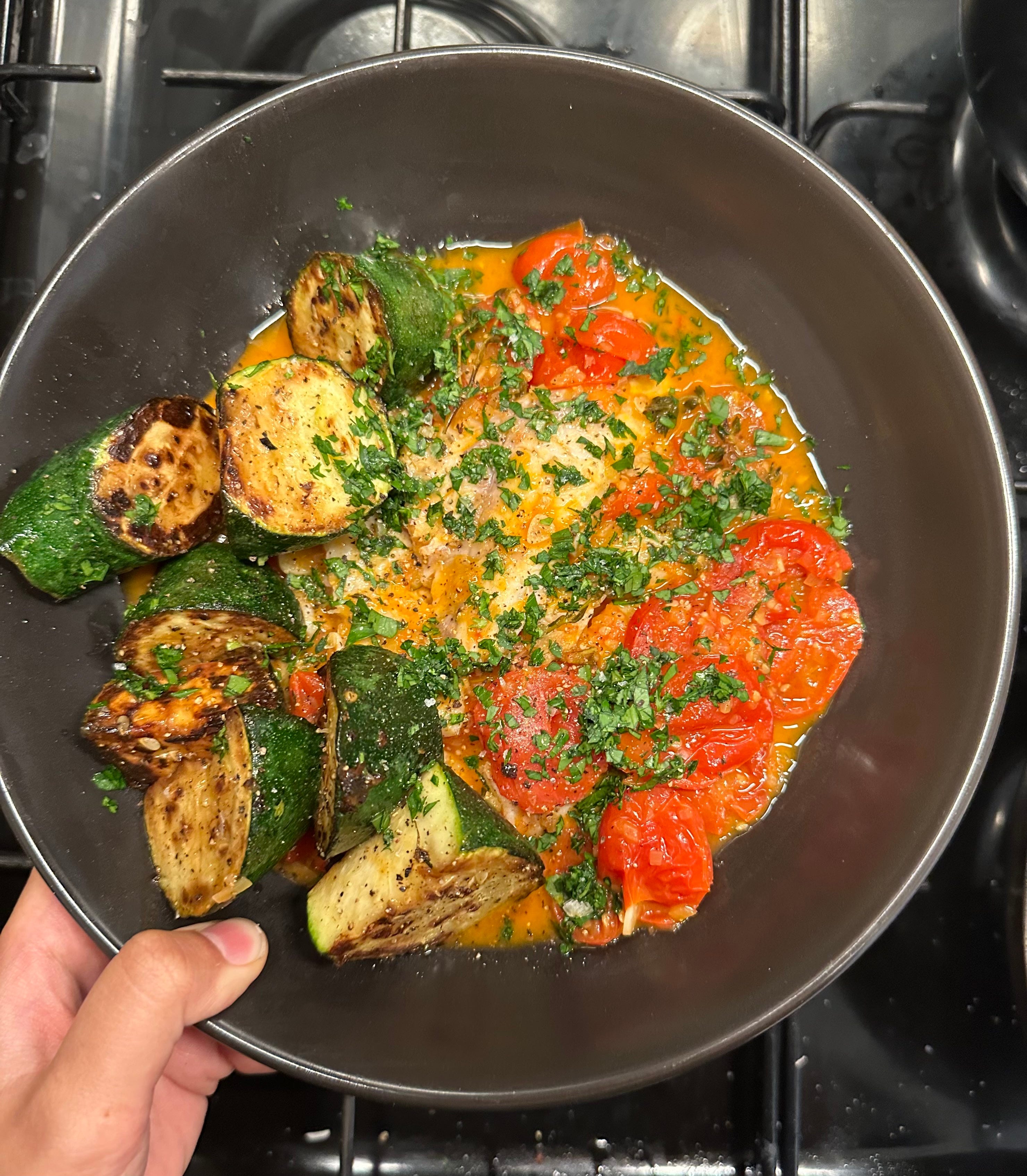 Poached Mullet in a Tomato & Shallot Broth - by Laila Mirza