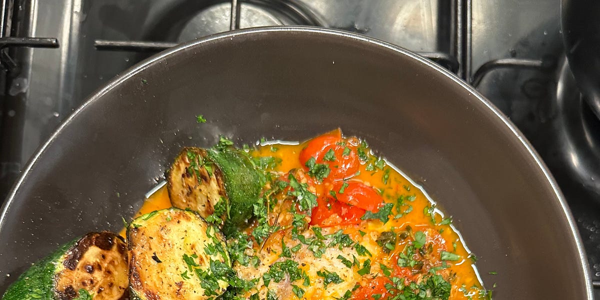 Poached Mullet in a Tomato & Shallot Broth - by Laila Mirza