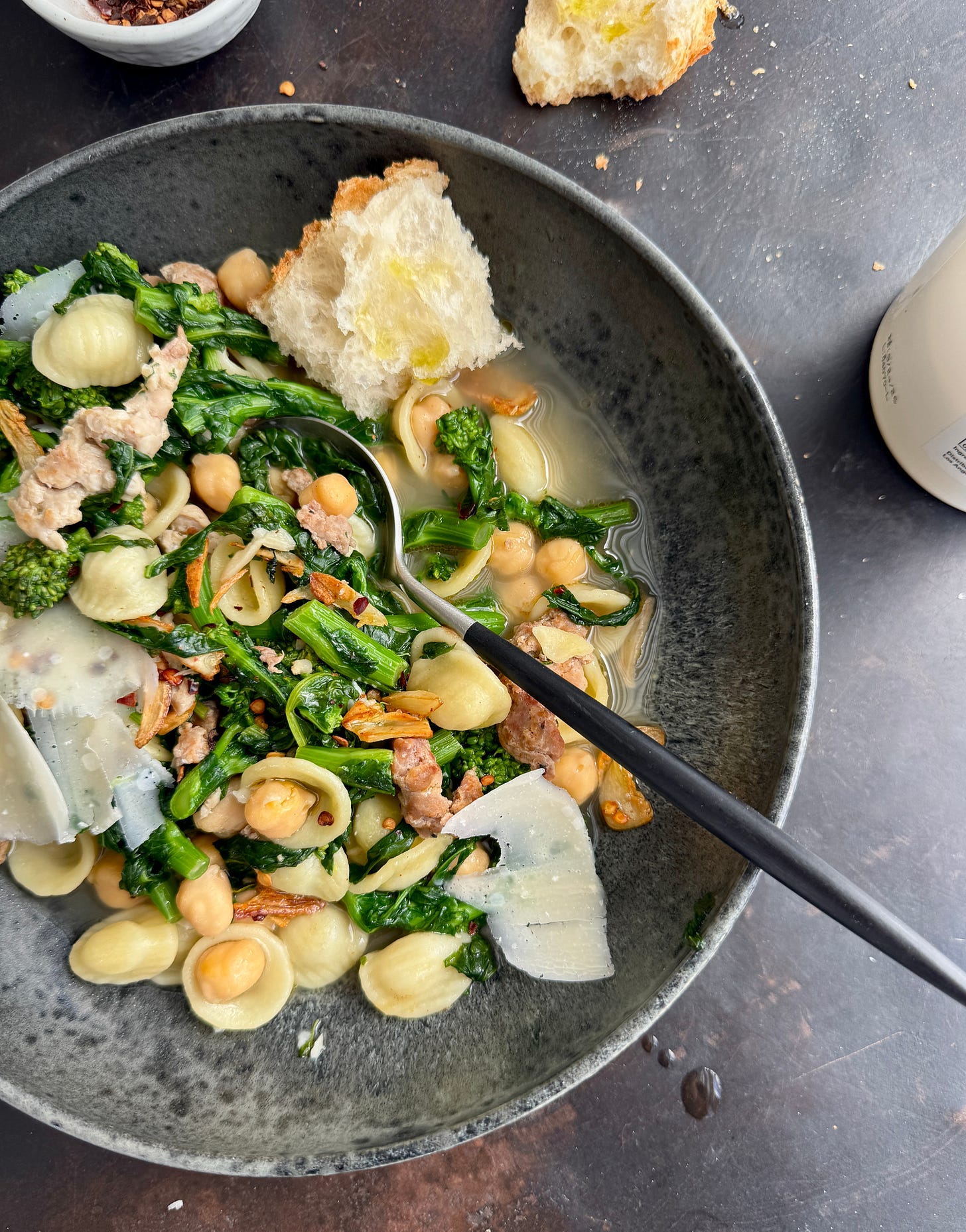 Brothy Pasta with Sausage and Broccoli Rabe, and Chickpeas too!