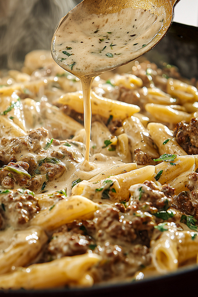 One pot quick and easy creamy ground beef pasta - by Sophie