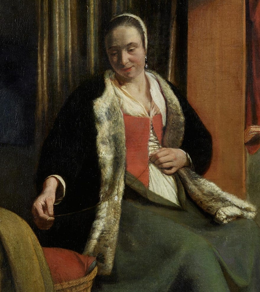 Woman Lacing Her Bodice Beside a Cradle