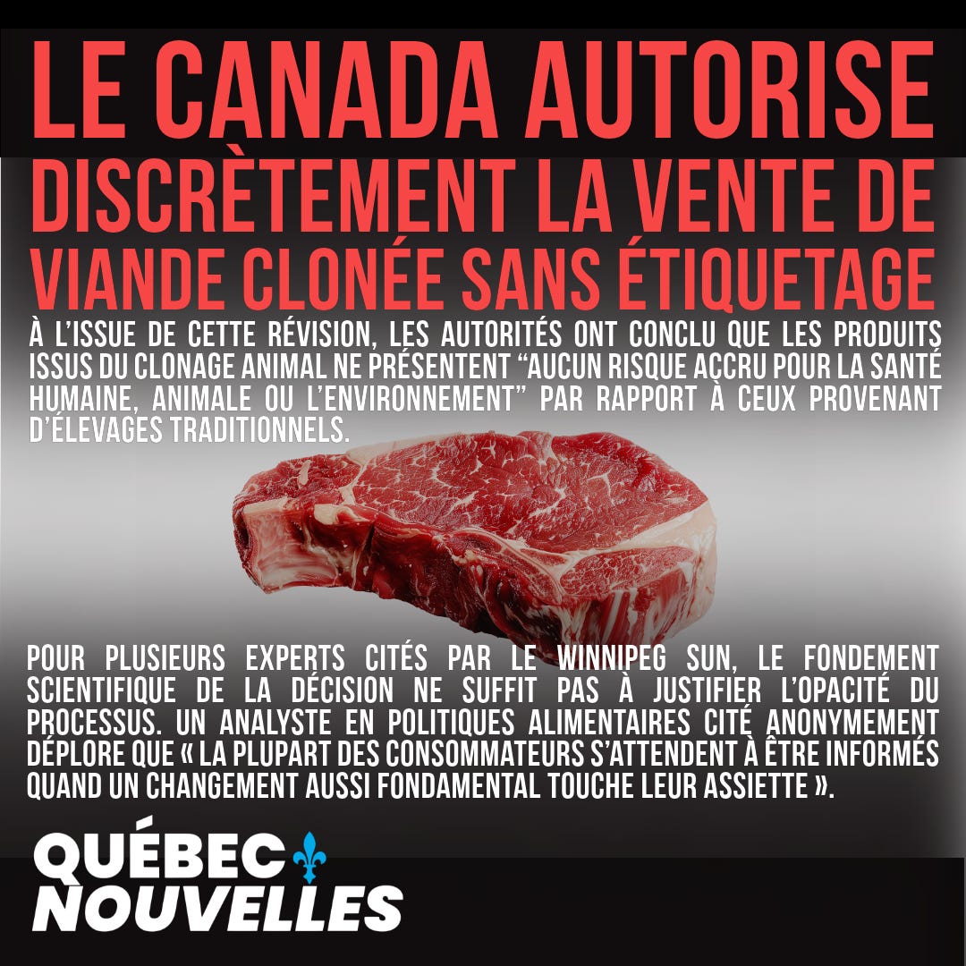 Le Canada autorise discrètement la vente de viande clonée sans étiquetage