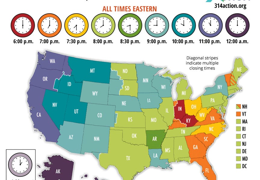 The Downballot's 2024 poll closing times map, sponsored by 314 Action