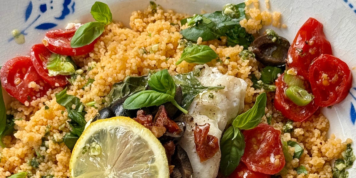 Easy Mediterranean Fish Parcels with Tomato & Basil Couscous and Pesto ...