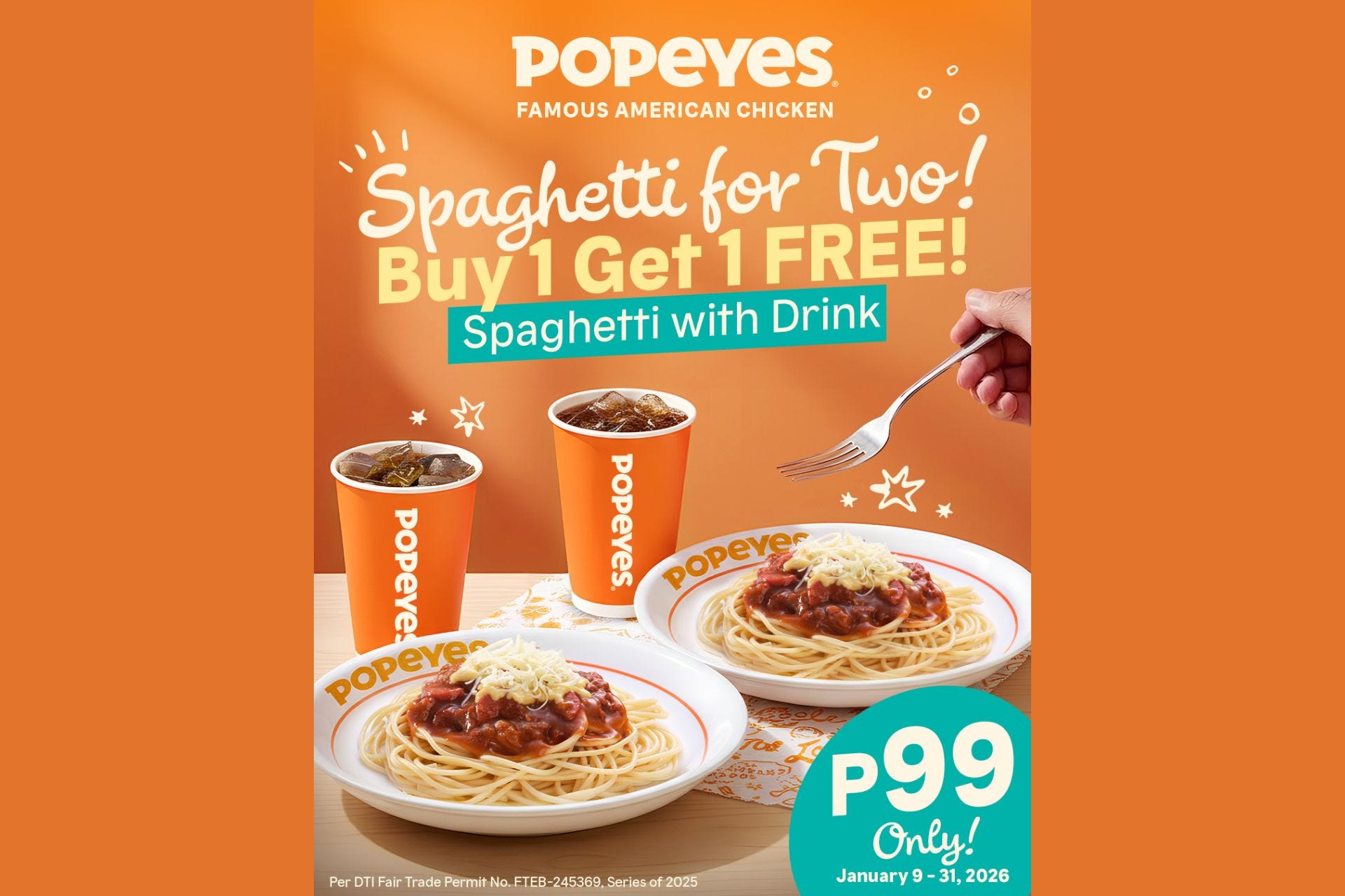 Popeyes: Buy 1 Get 1 Spaghetti with Drink promo for 99 pesos returns