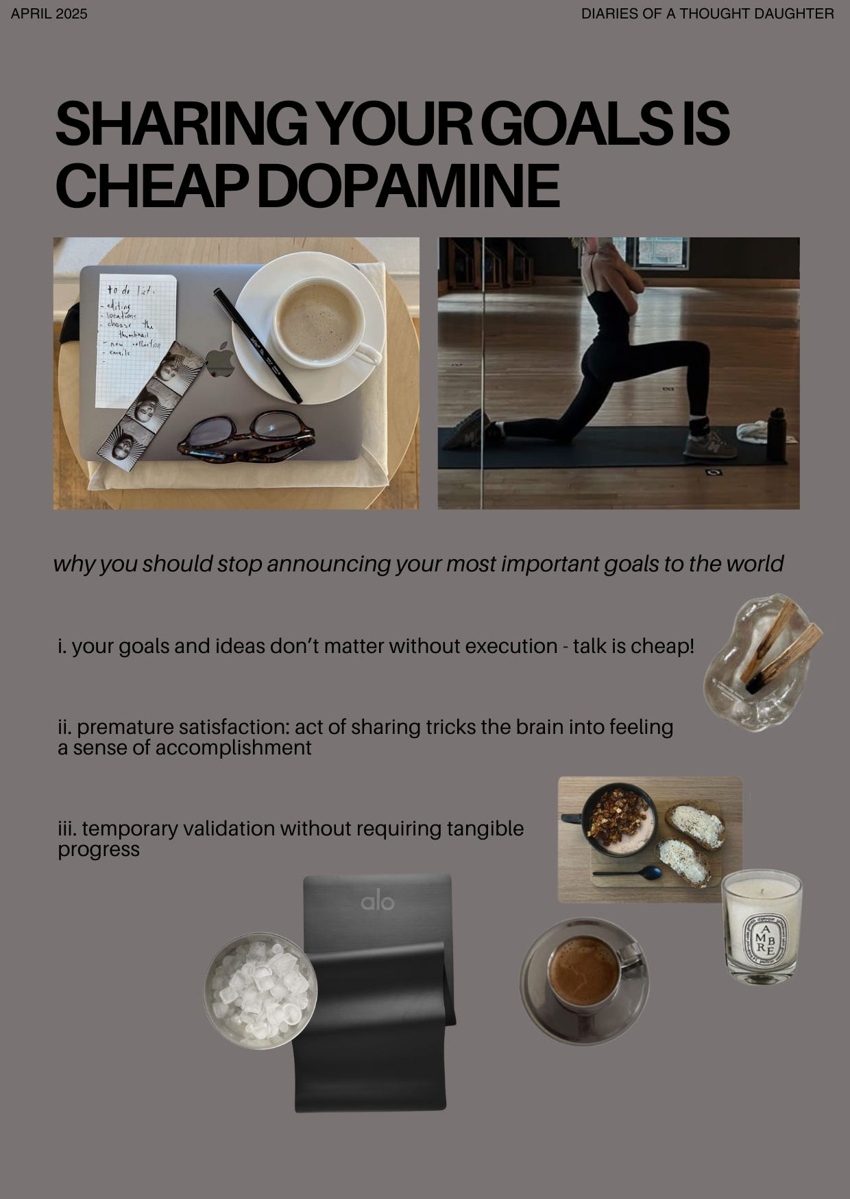 sharing your goals is cheap dopamine - by Gabrielle