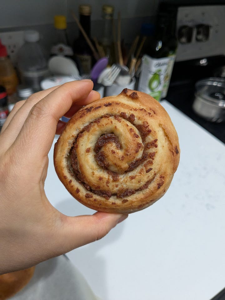 Date paste cinnamon rolls + red bean bun (singular)