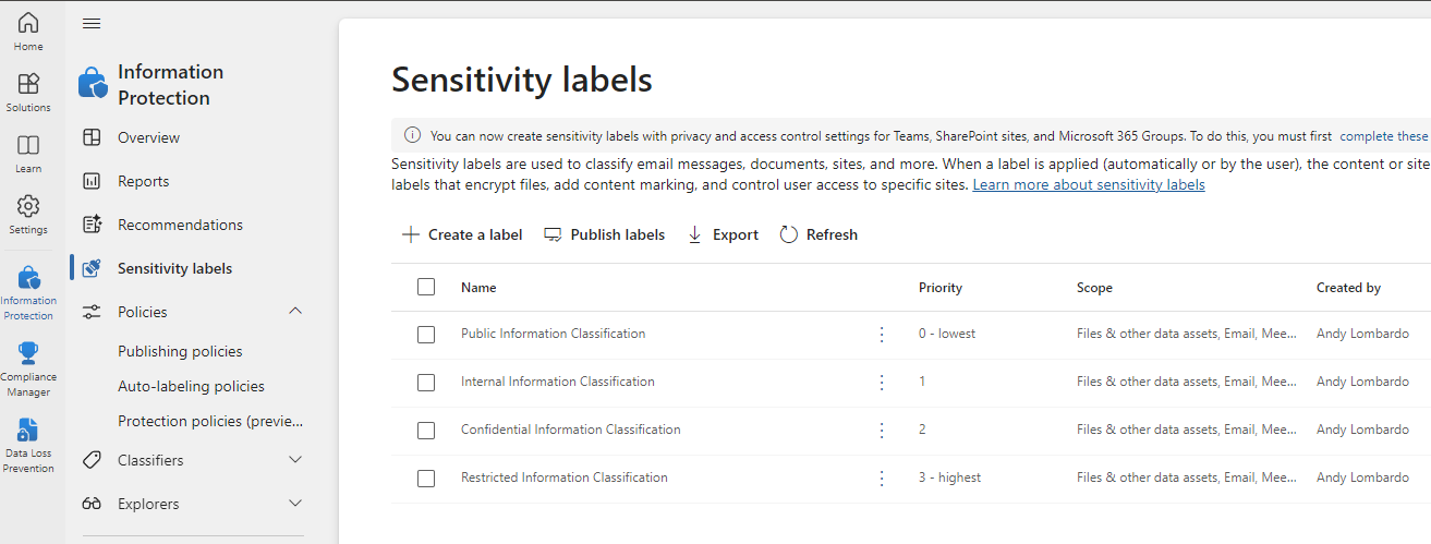 Data Classification and Sensitivity Labels in M365