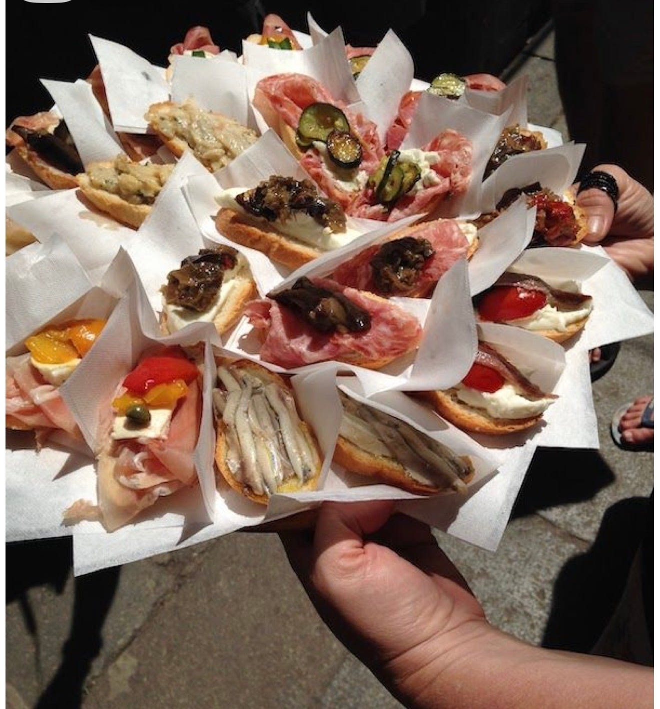 Maddy (@handmethefork): "inspo vs actual for a recent aperitivo