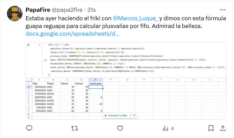 Fórmula excel para calcular plusvalías FIFO - by papa2fire