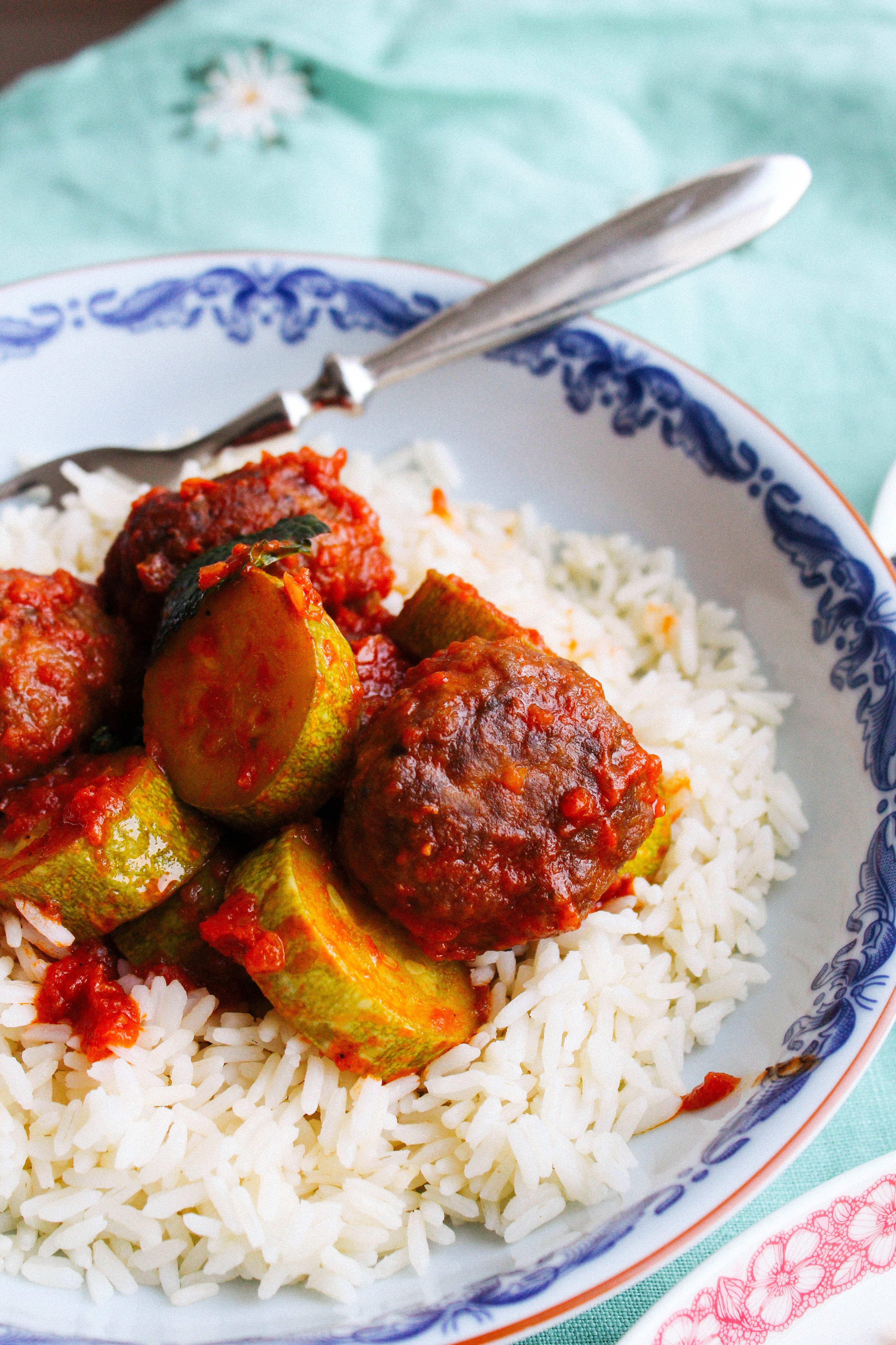Greek Keftedes (meatballs) and zucchini in a warmly spiced tomato sauce ...