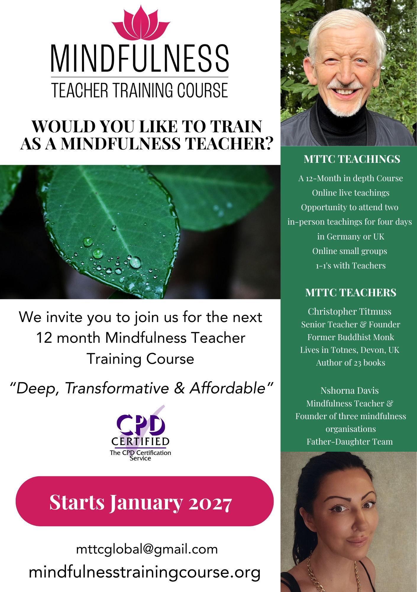 Join our next Mindfulness Teacher Training Course (MTTC). January 2027 ...