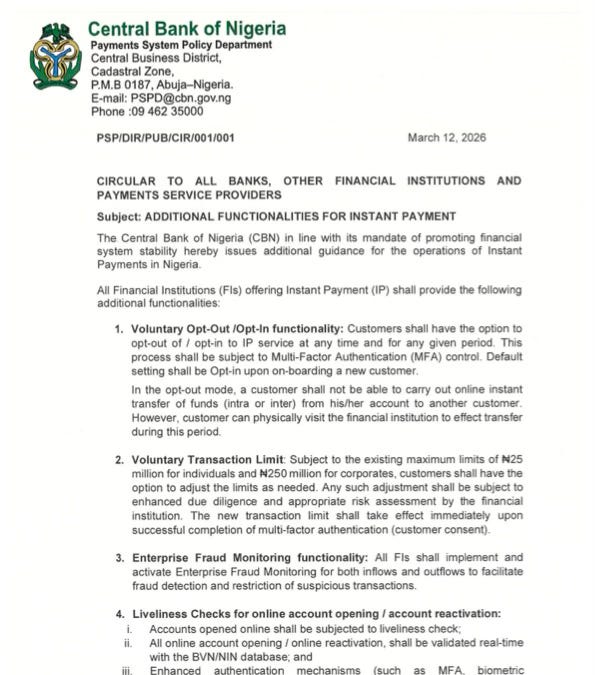 CBN releases new circulars on Instant Payments and BVN