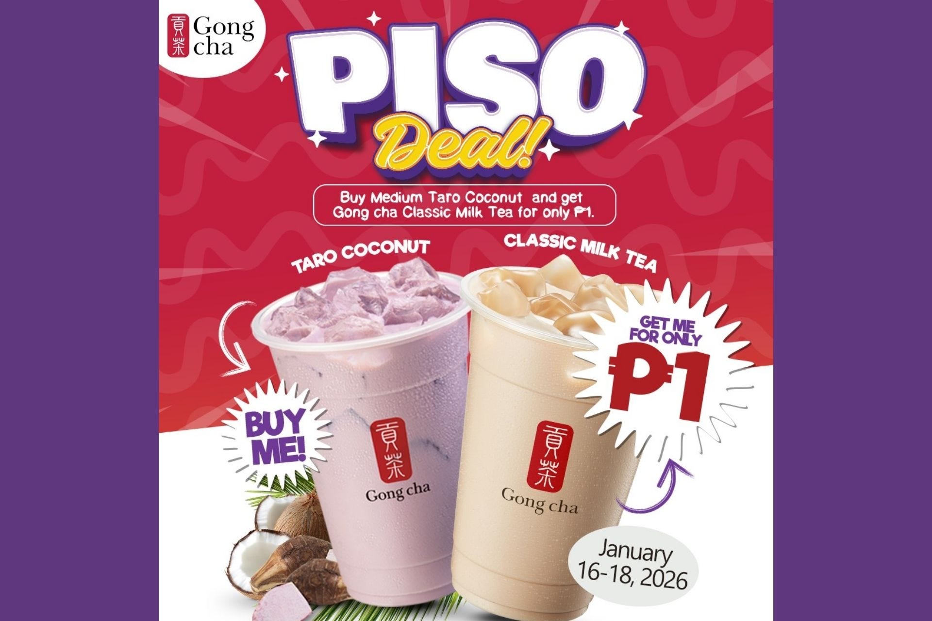 Gong cha Piso Deal: Get Milk Tea for 1 peso from January 16 to 18