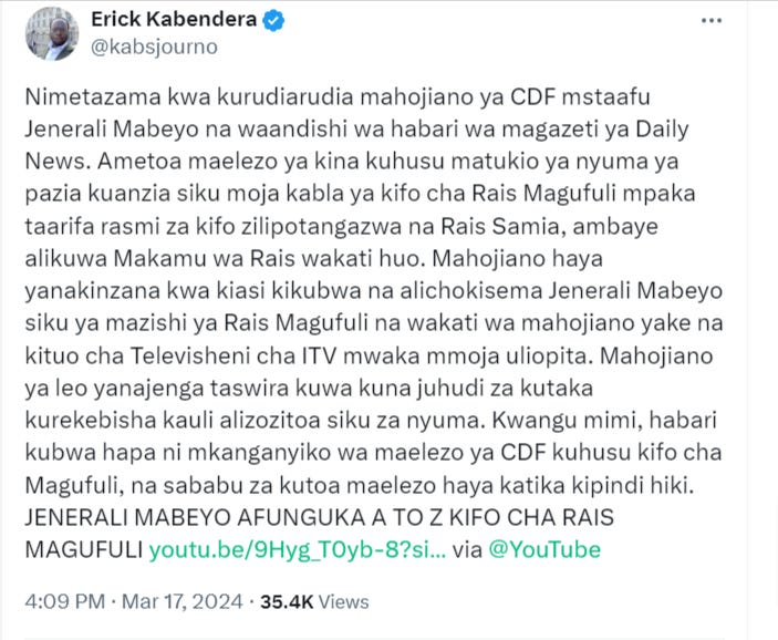 Mahojiano ya Jenerali Mabeyo kuhusu kifo cha Magufuli yazua utata