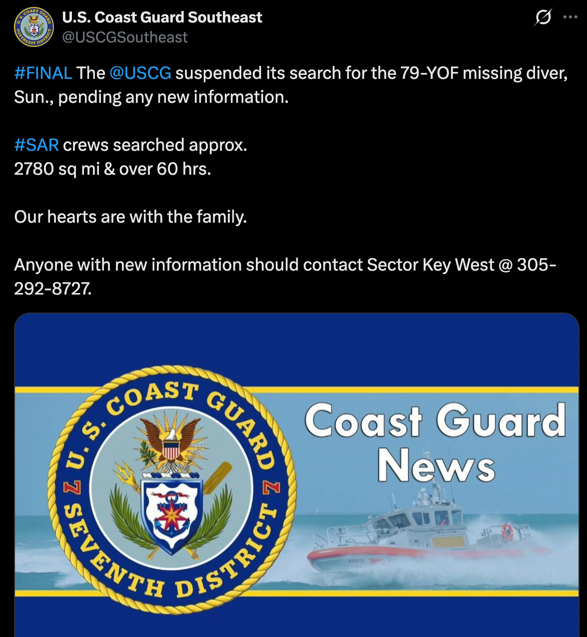 US Coast Guard calls off search for 79-year-old diver who disappeared ...