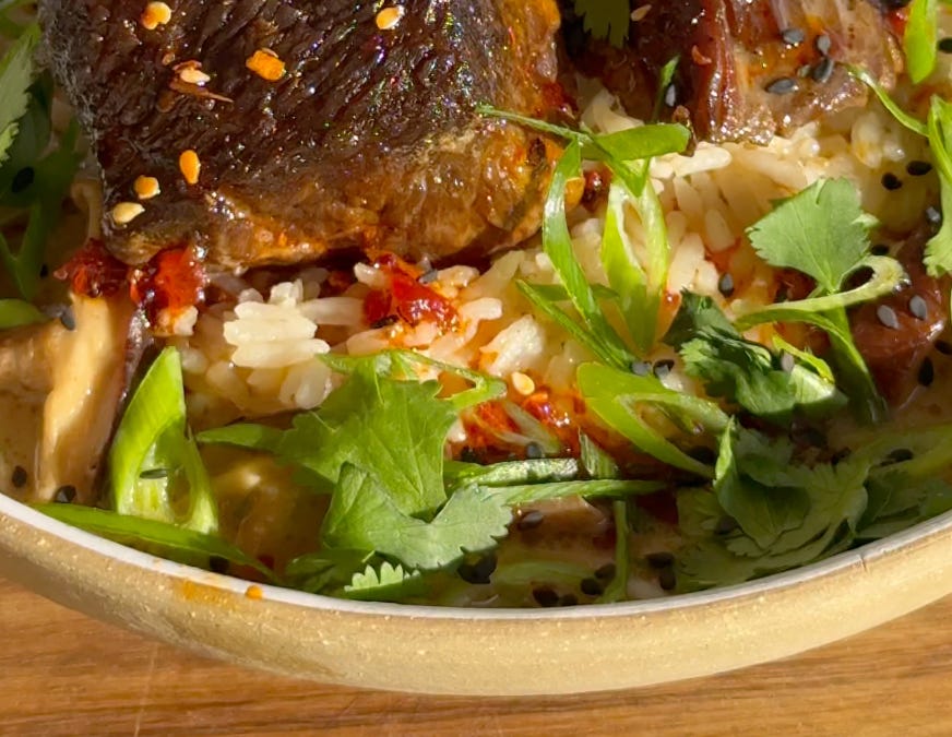 Braised Beef Tom Kha Brothy Rice - the dish