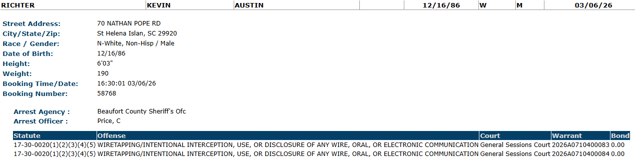 CHARLESTON REALTOR KEVIN RICHTER ARRESTED ON WIRETAPPING CHARGES