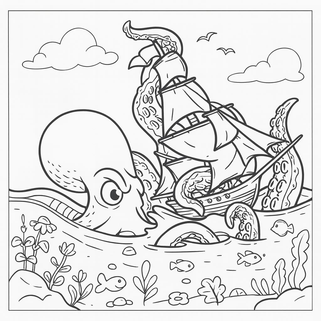 Coloring page for a Giant Octopus Wrestling a Ship