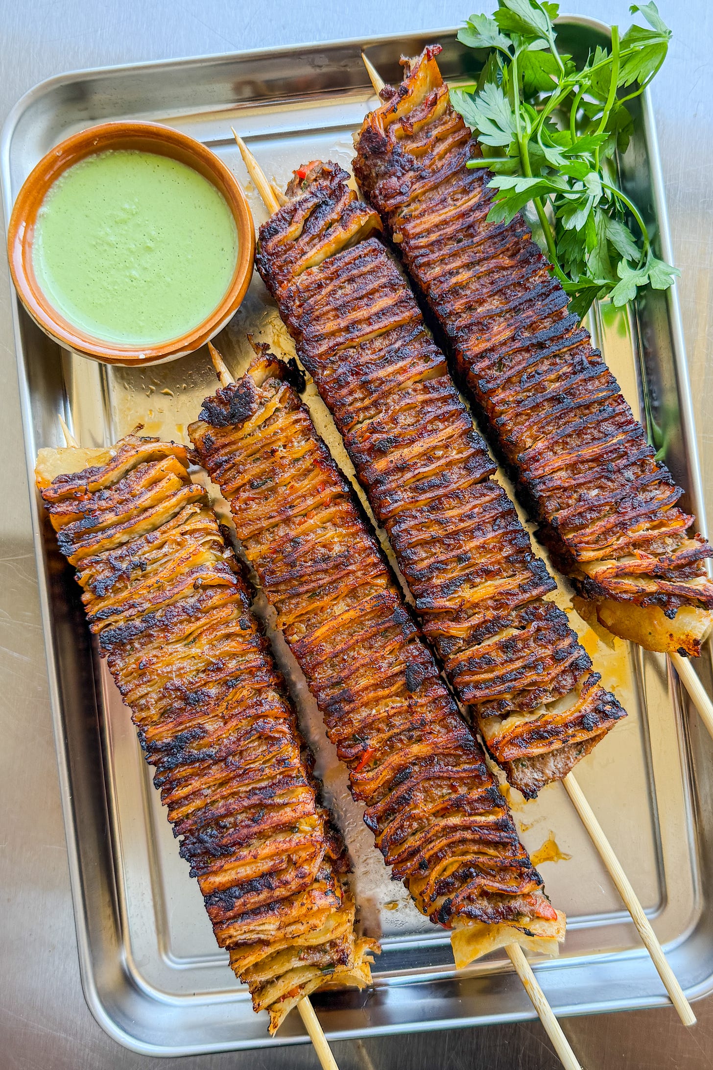 Tortilla Kebabs with Herby Jalapeño Yogurt & Garden Salad