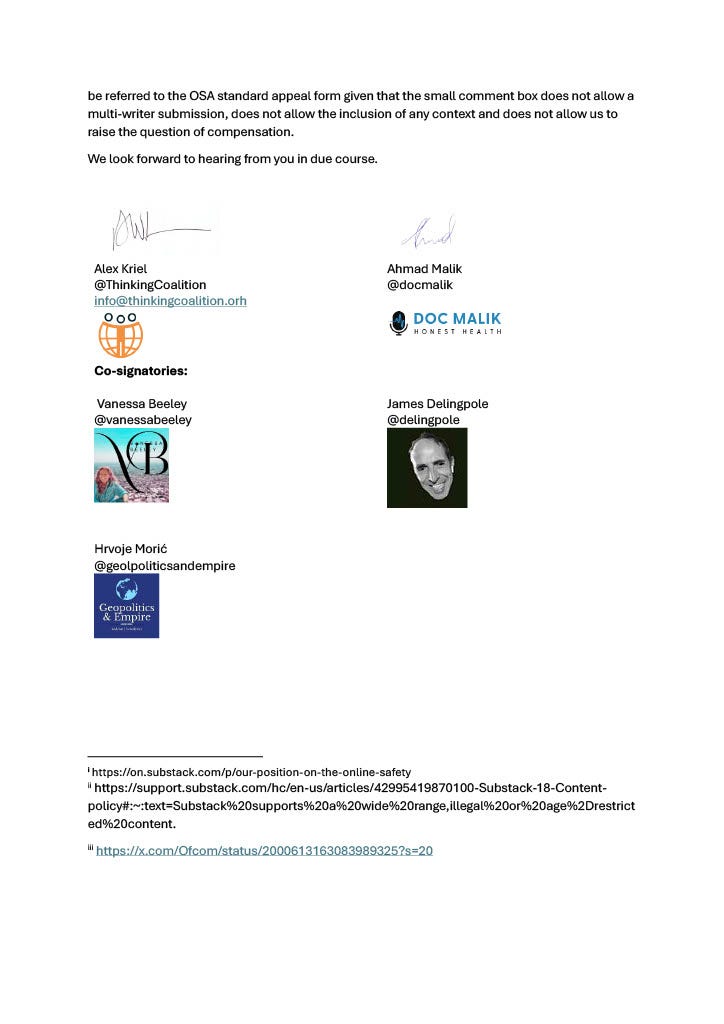 Thinking Coalition (@thinkingcoalition): "Update on letter to Substack ...