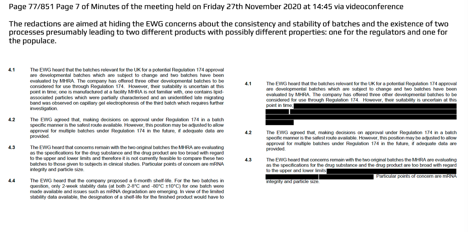 The MHRA papers - comparison of the two sets of minutes