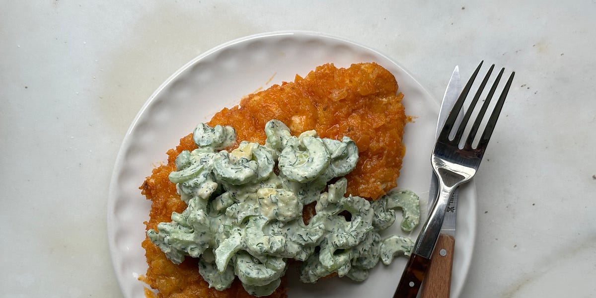 Buffalo chicken cutlets with a ranchy celery slaw