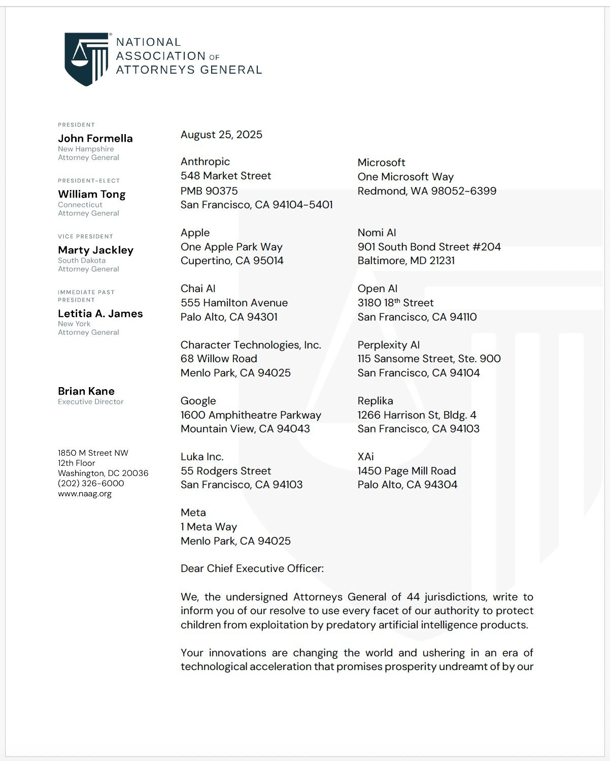 44 state attorneys general warn AI CEOs: ‘If you harm kids, you will ...