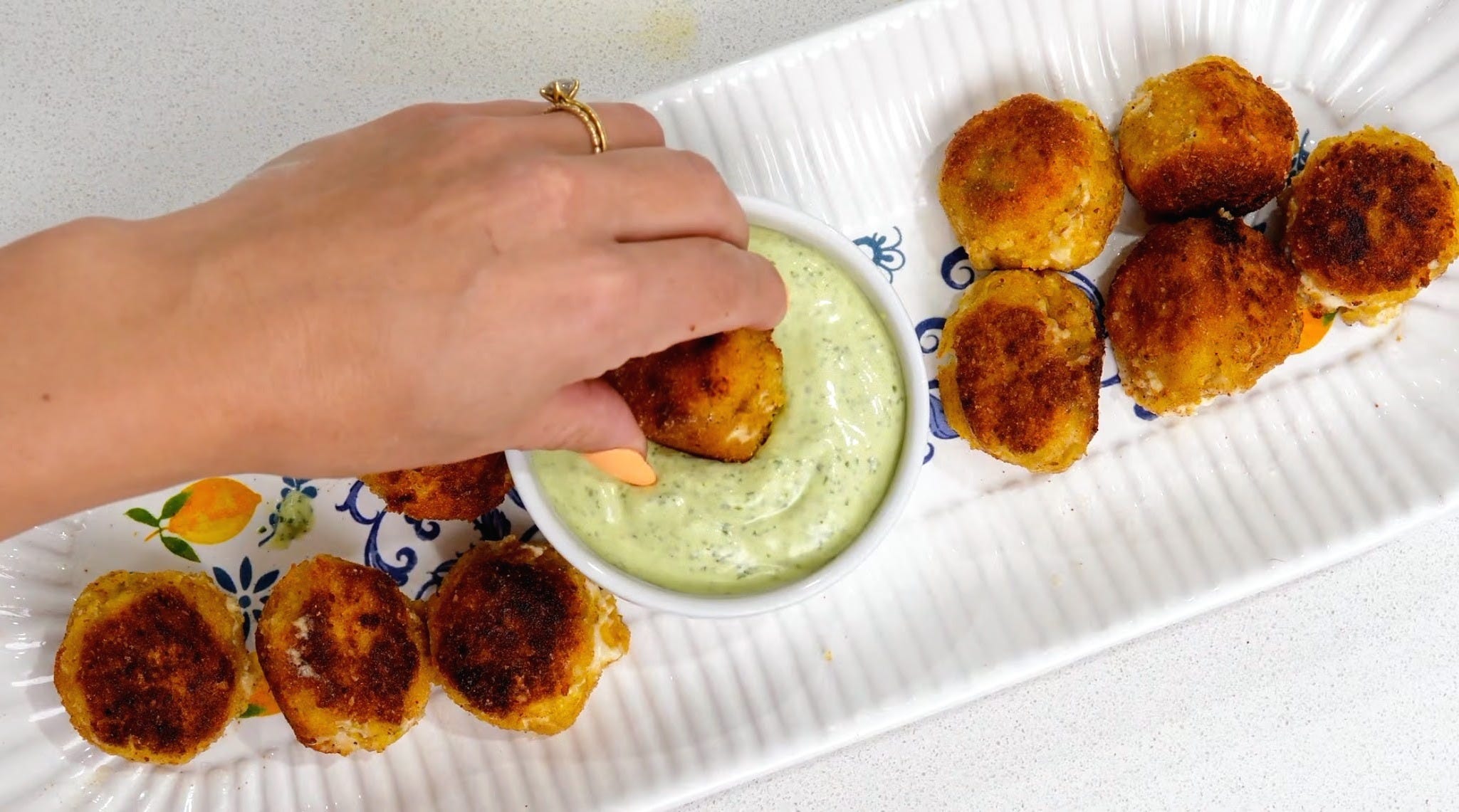 Fried Corn Dip Fritters with Cilantro Avocado Dipping Sauce & Canadian Rosé