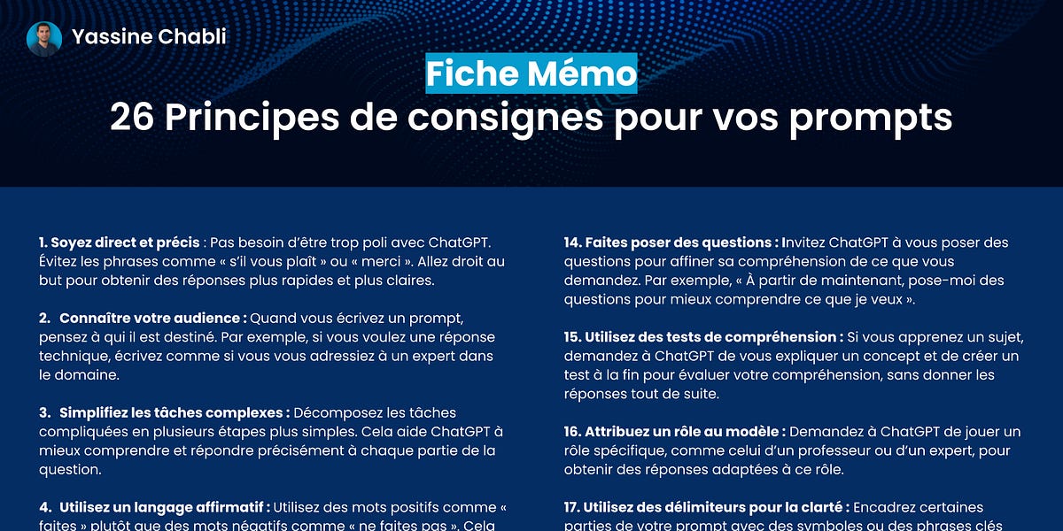 Fiche mémo : 26 Principes de consignes pour vos prompts