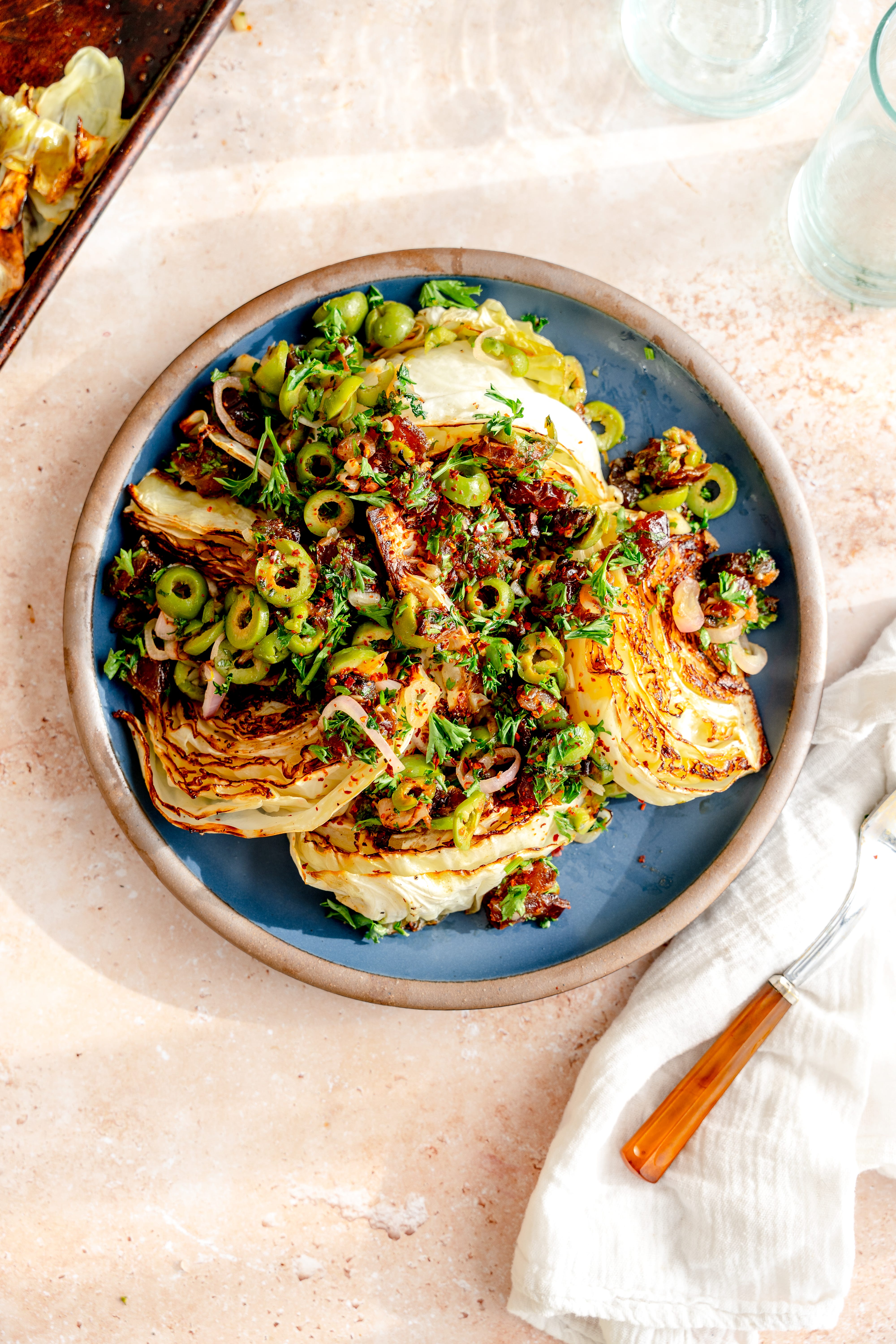 Roasted Cabbage With Date and Olive Salsa