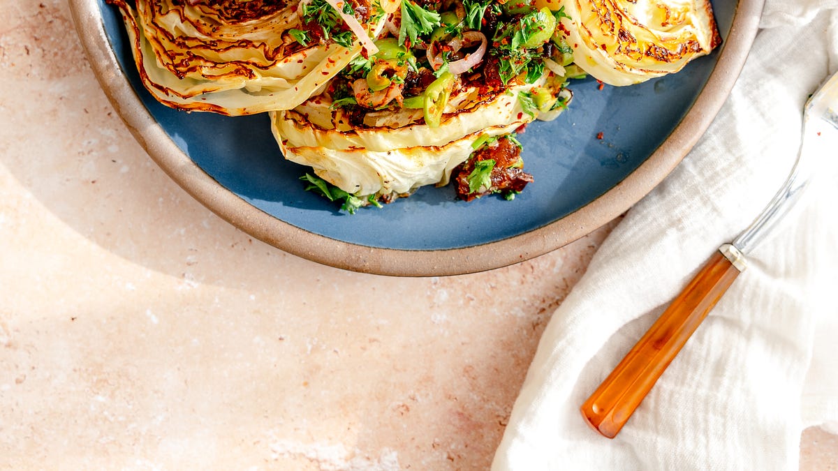 Roasted Cabbage With Date and Olive Salsa