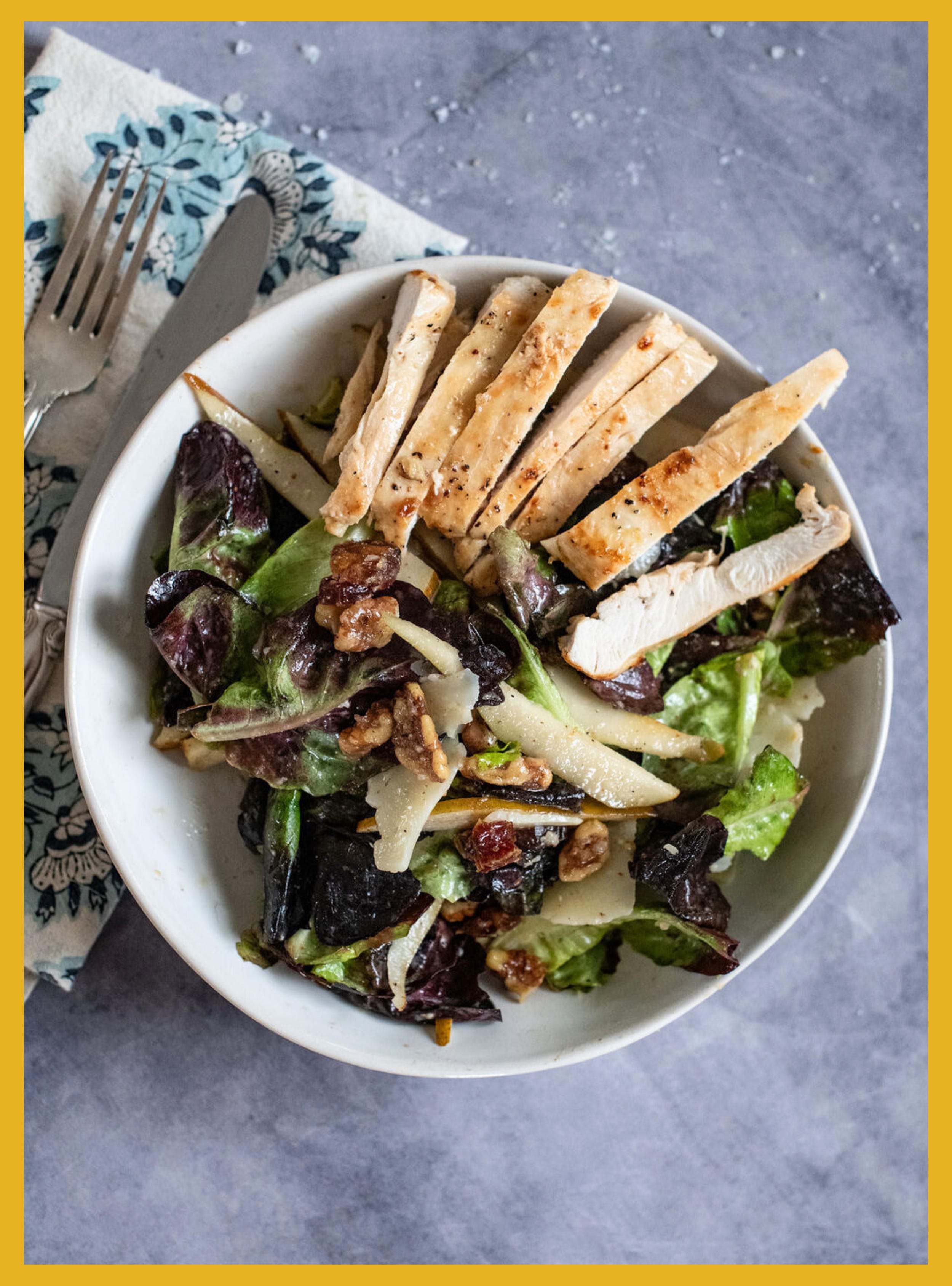 chicken paillard with a pear & manchego salad