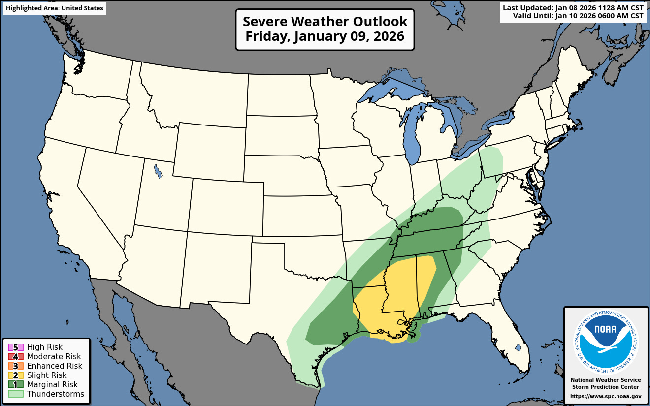 Severe Threat Returns to Dixie Alley on Friday, January 9