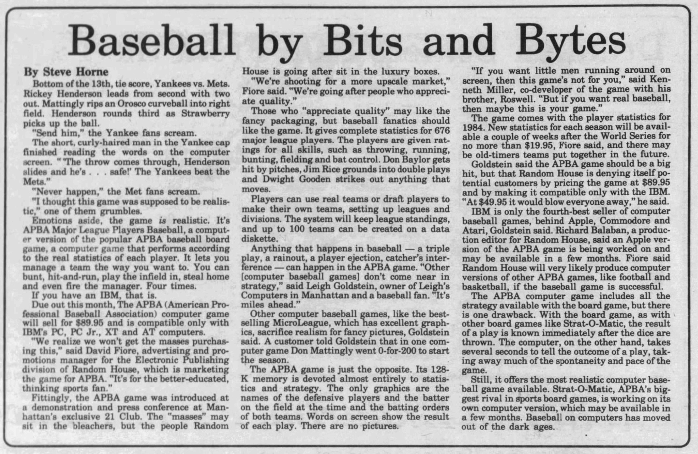 Early APBA Baseball Computer Coverage - by Daniel Evensen