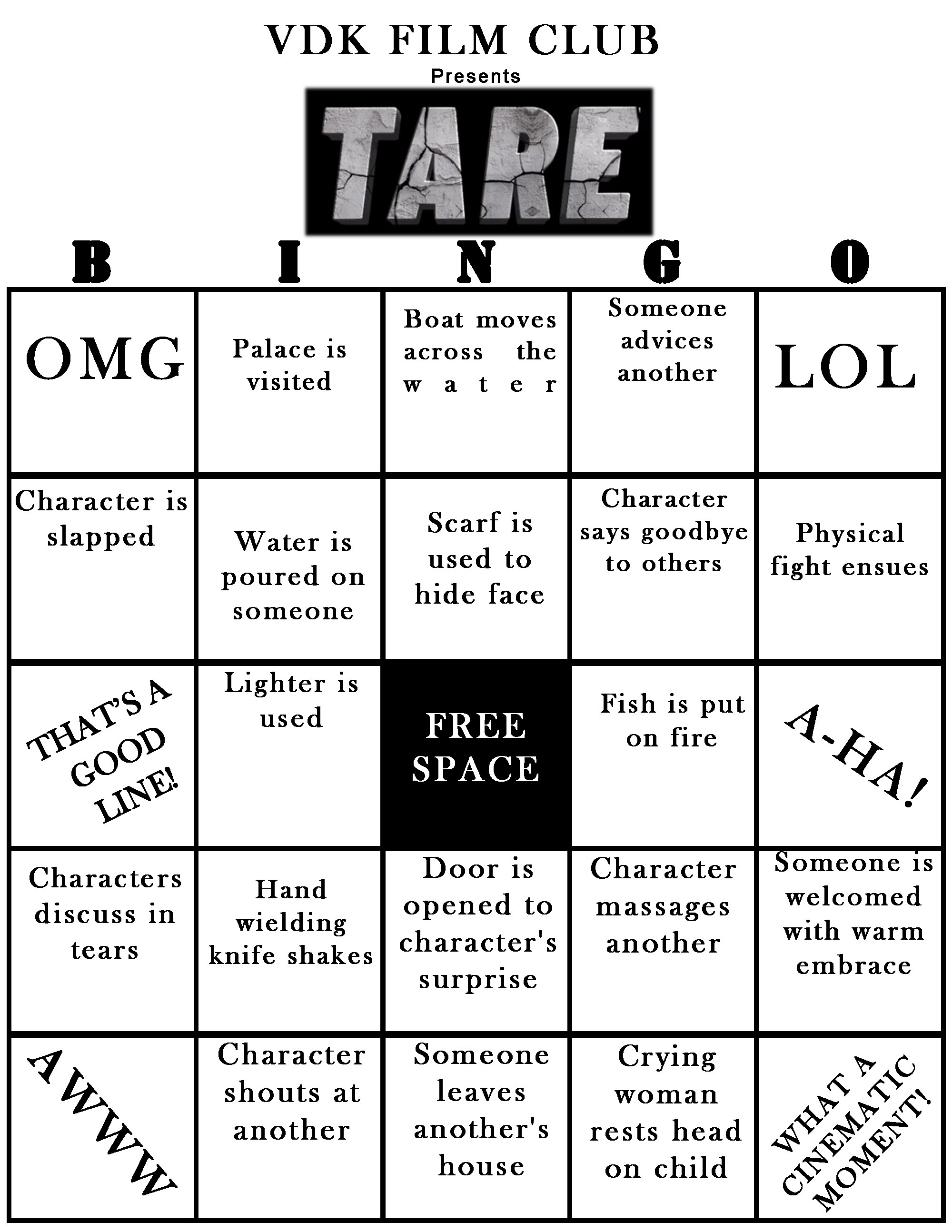 TARE - BINGO Card and Movie Review - VDK Film Club