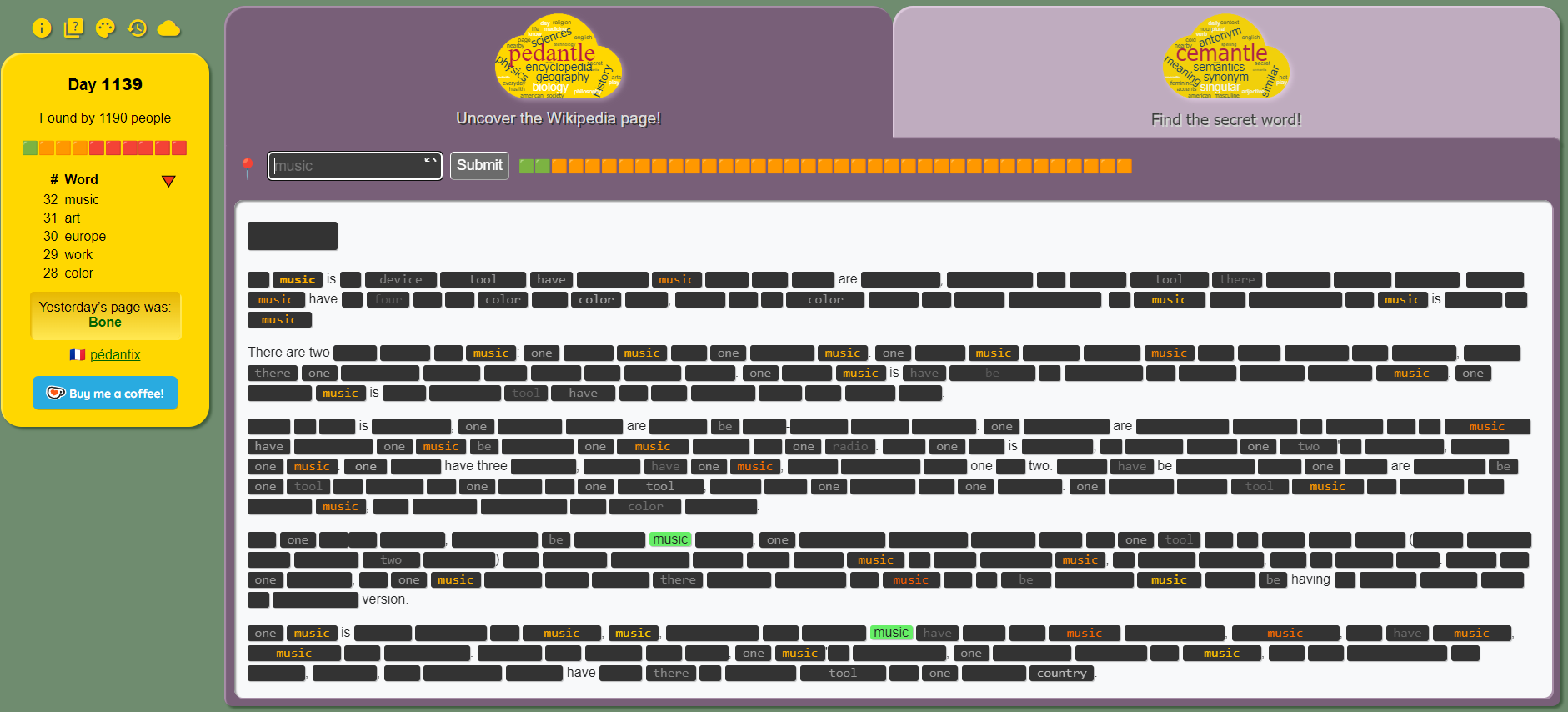 Pedantle | Guess a Wikipedia article - by Donut Dog