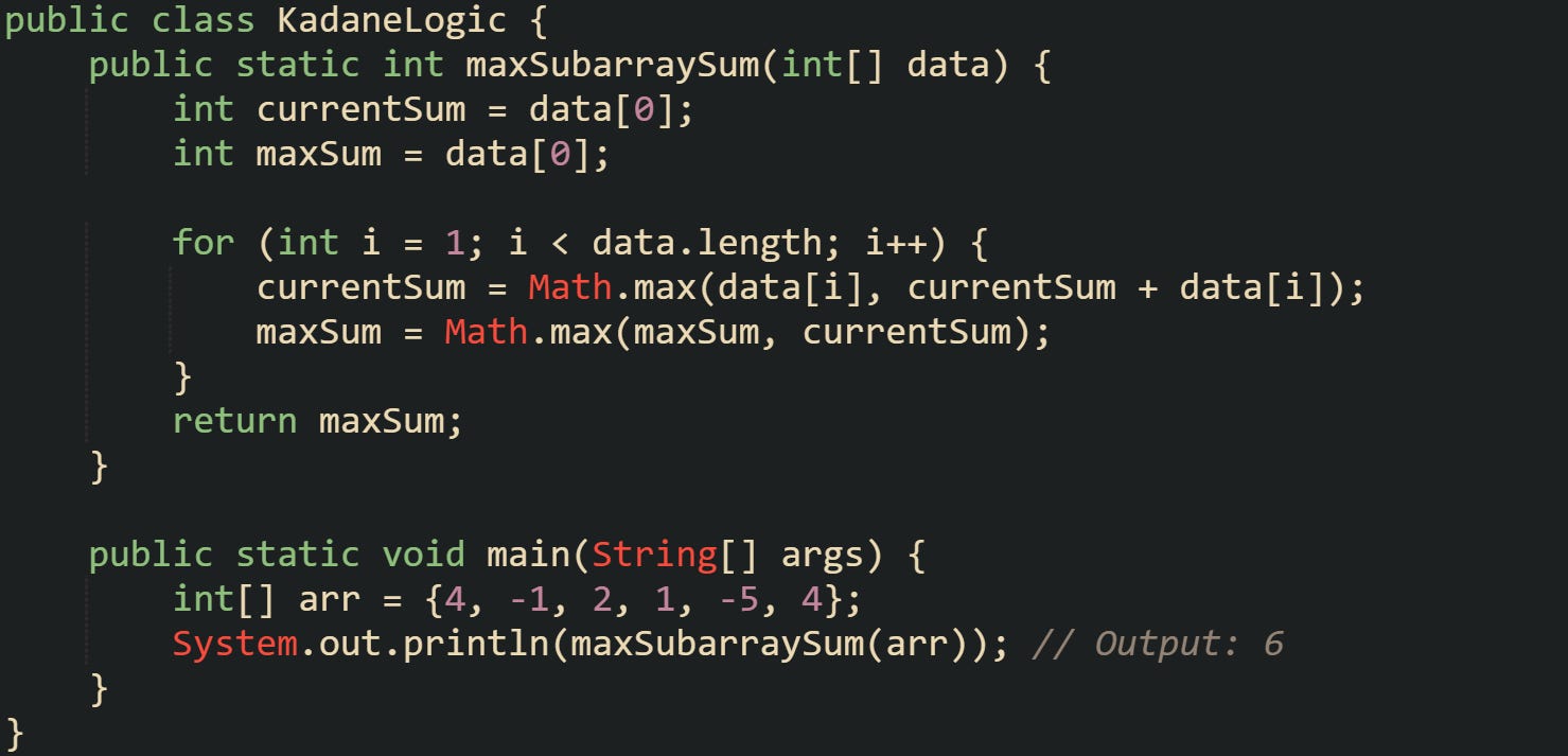 Kadane's Algorithm for Maximum Subarray in Java