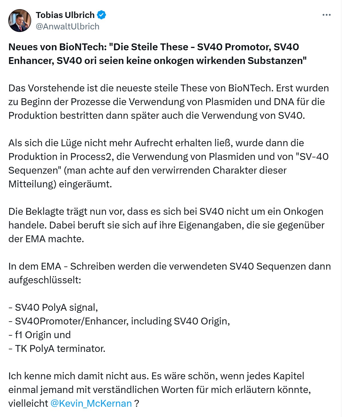 Pfizer gibt den SV40 Promotor in EMA Dokumenten zu