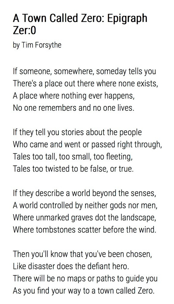A Town Called Zero: Epigraph - by Tim Forsythe