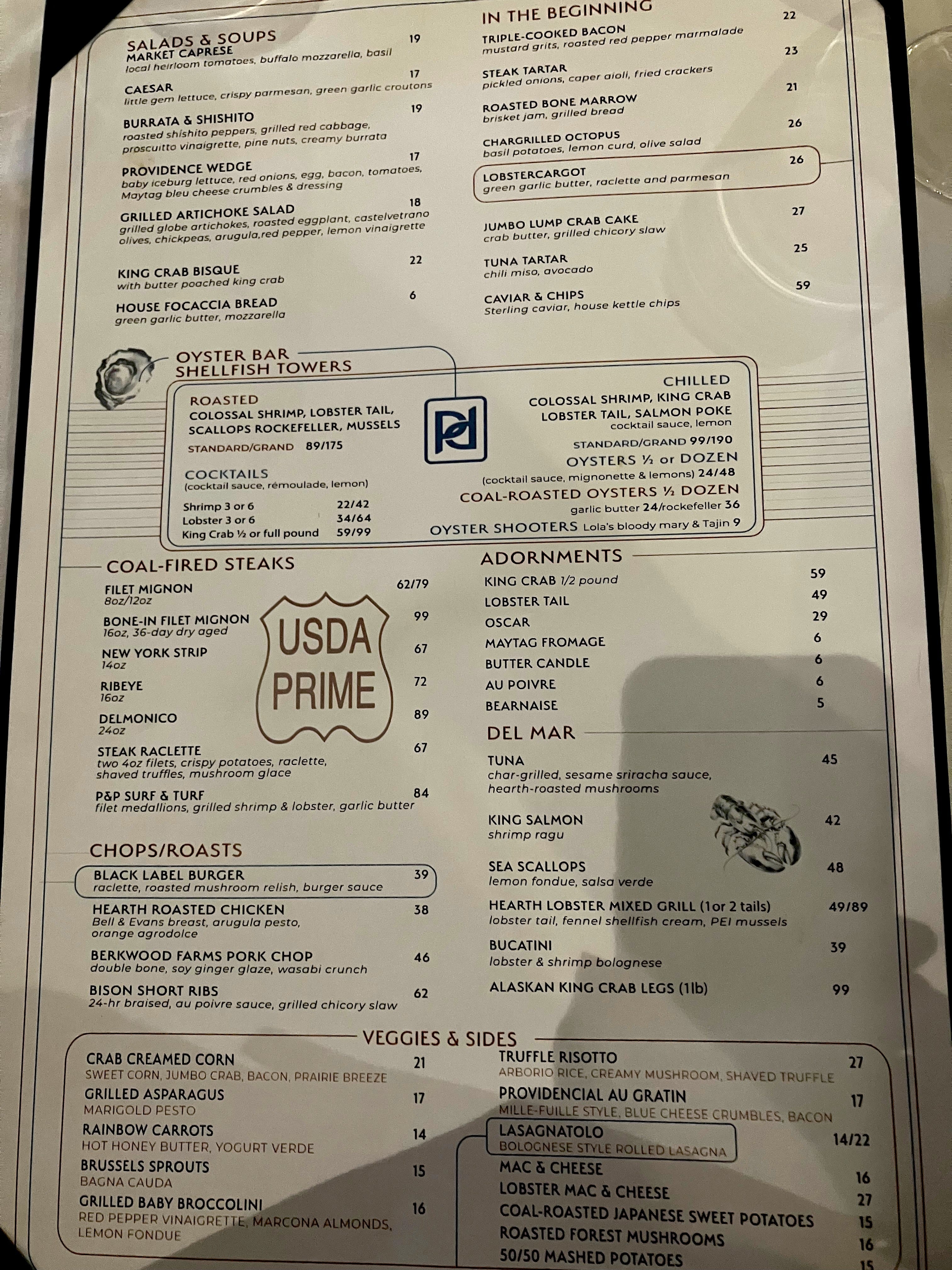The Menu at Prime & Providence—with Prices